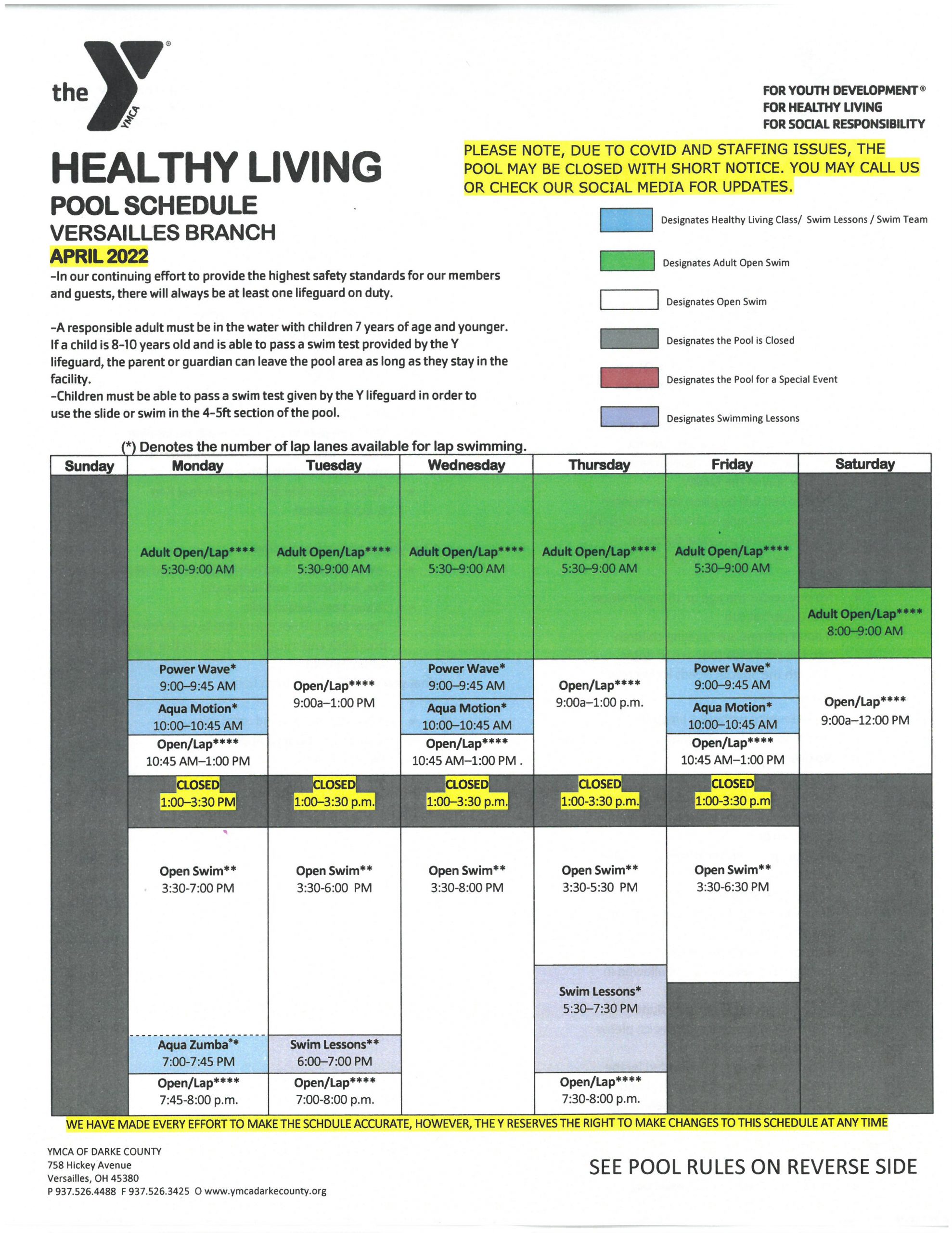 Pool Schedules - Darke County YMCA
