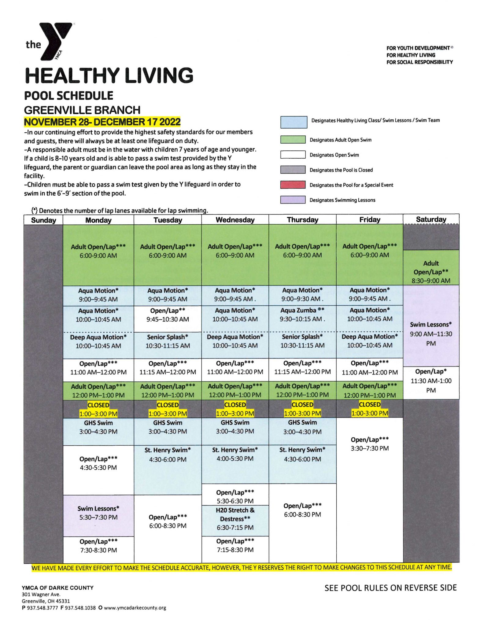 Pool Schedules - Darke County YMCA
